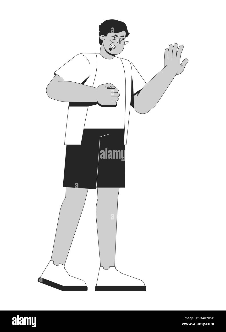 Angry middle eastern man fist clenched and raising hand 2D line ...