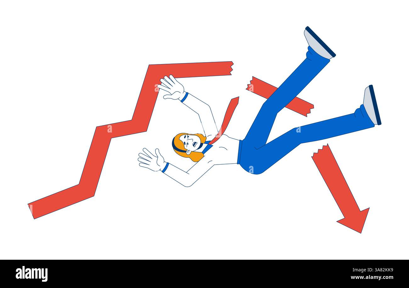 Panicked businesswoman falling with breaking chart arrow 2D ...