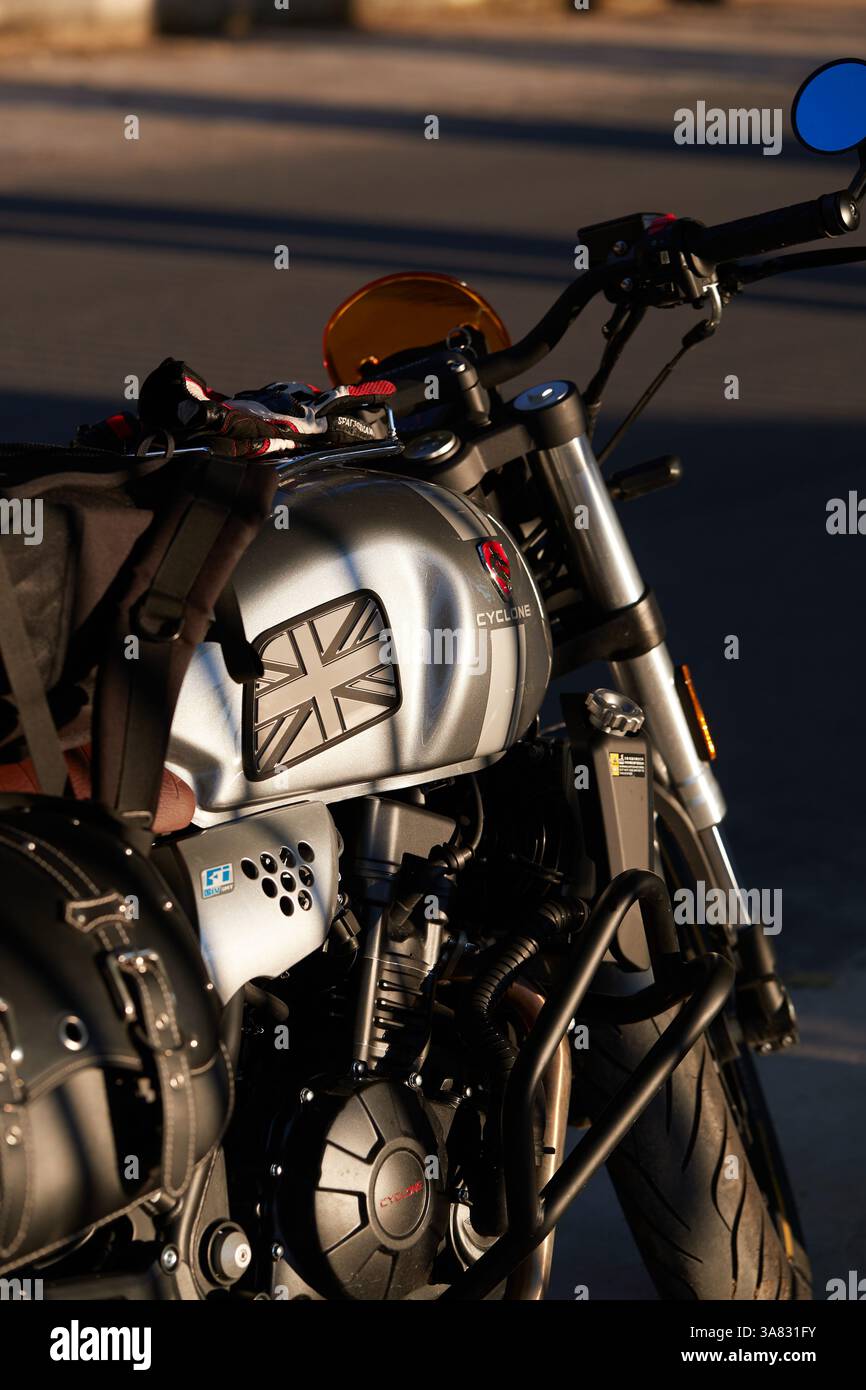 Vintage Cafe Racer Motorcycle with Union Jack Flag Stock Photo - Alamy