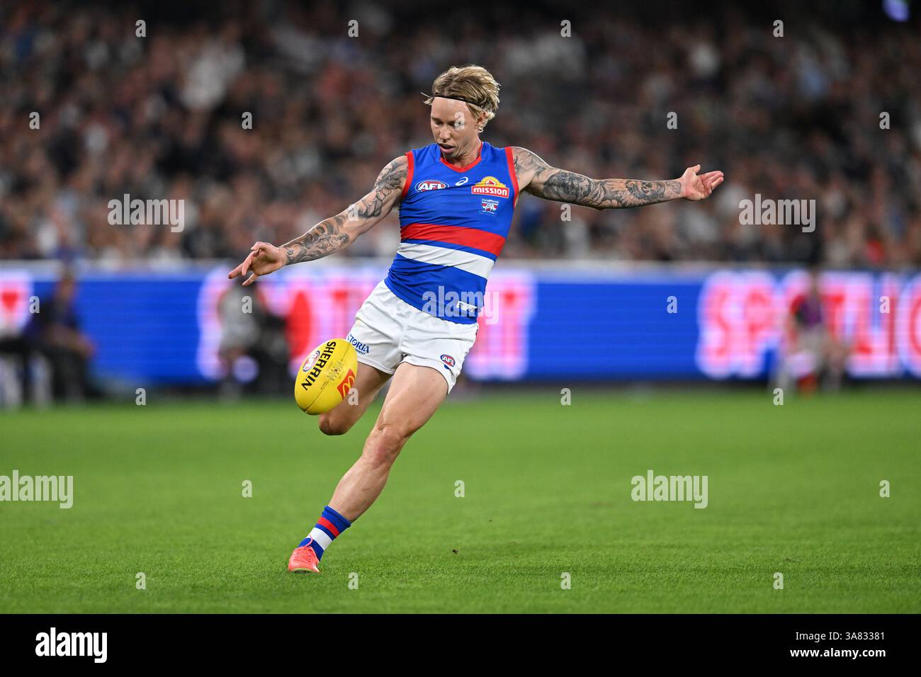 James Harmes of Western Bulldogs kicks the footy during the AFL Round 3 ...
