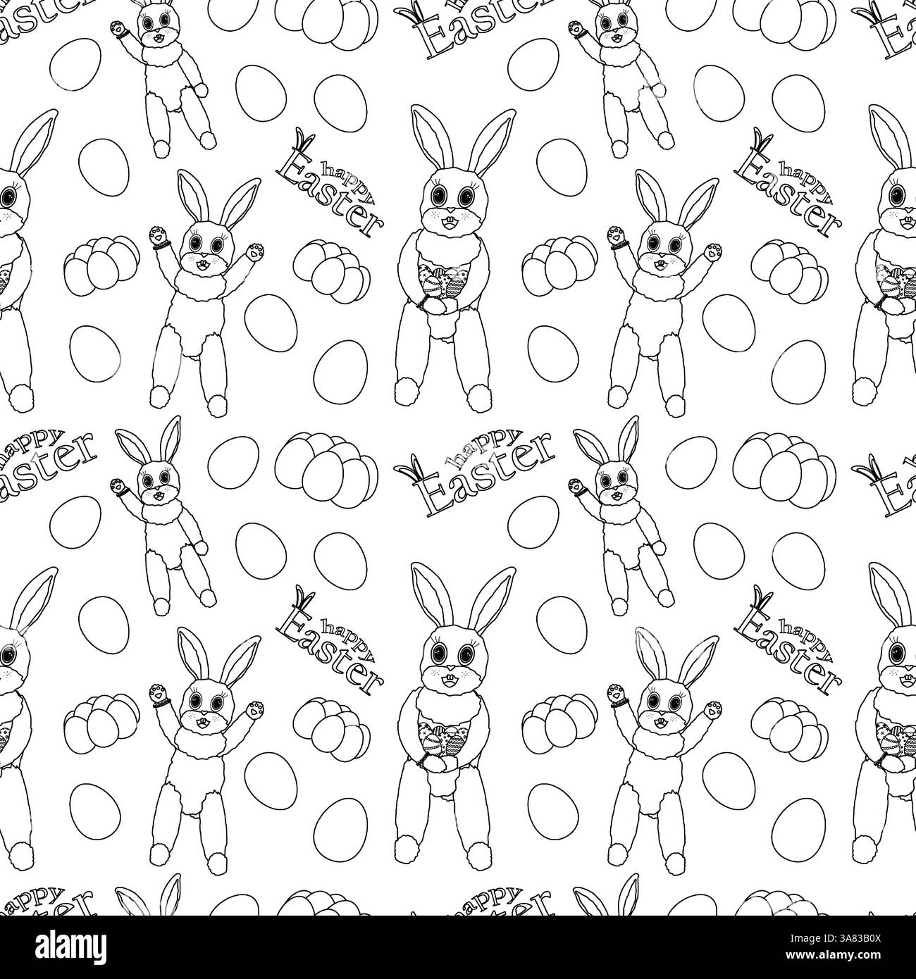 Black and white seamless pattern featuring cute Easter bunny characters ...