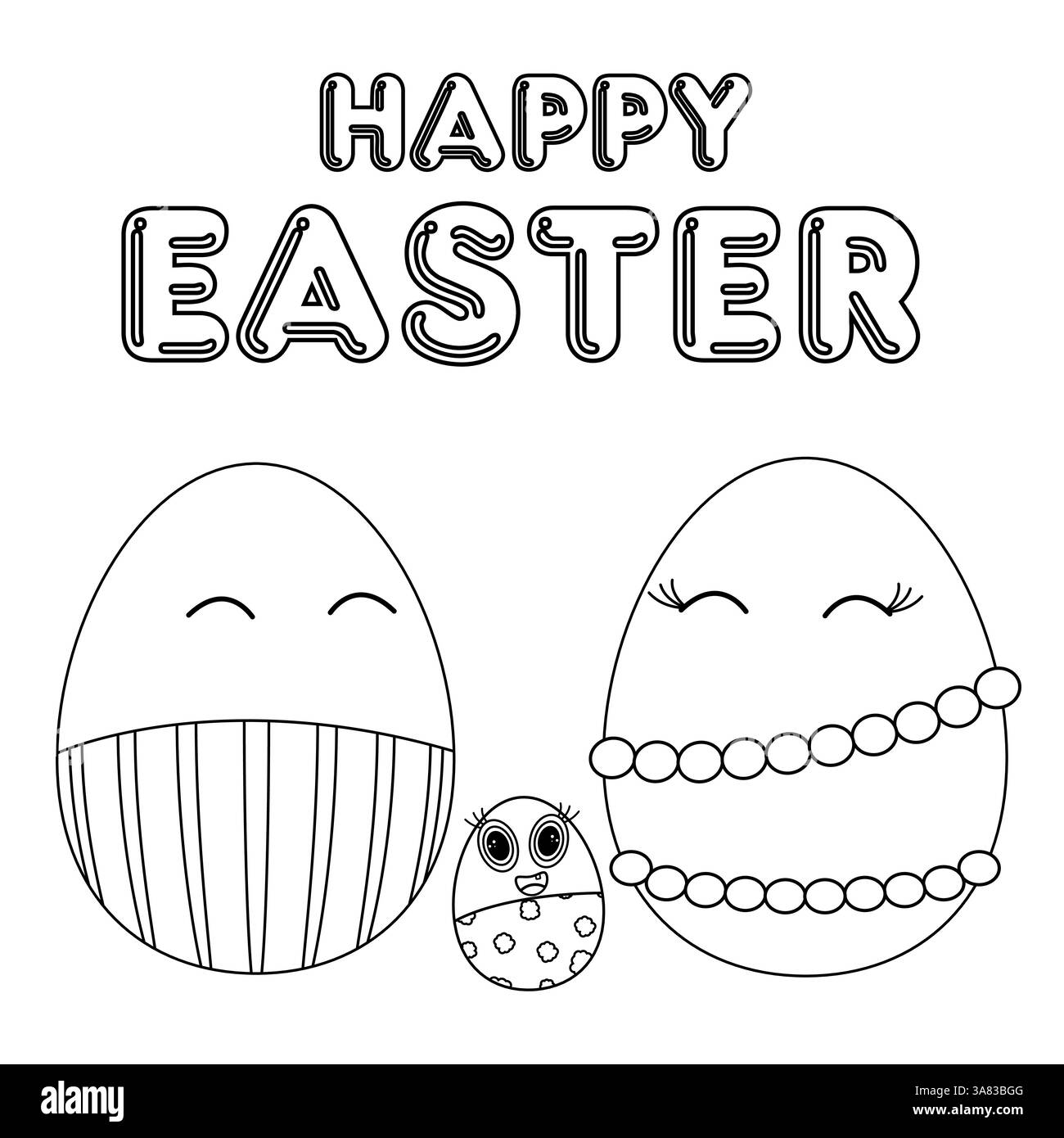 A fun coloring page featuring a happy smiling family of anthropomorphic Easter eggs with ...