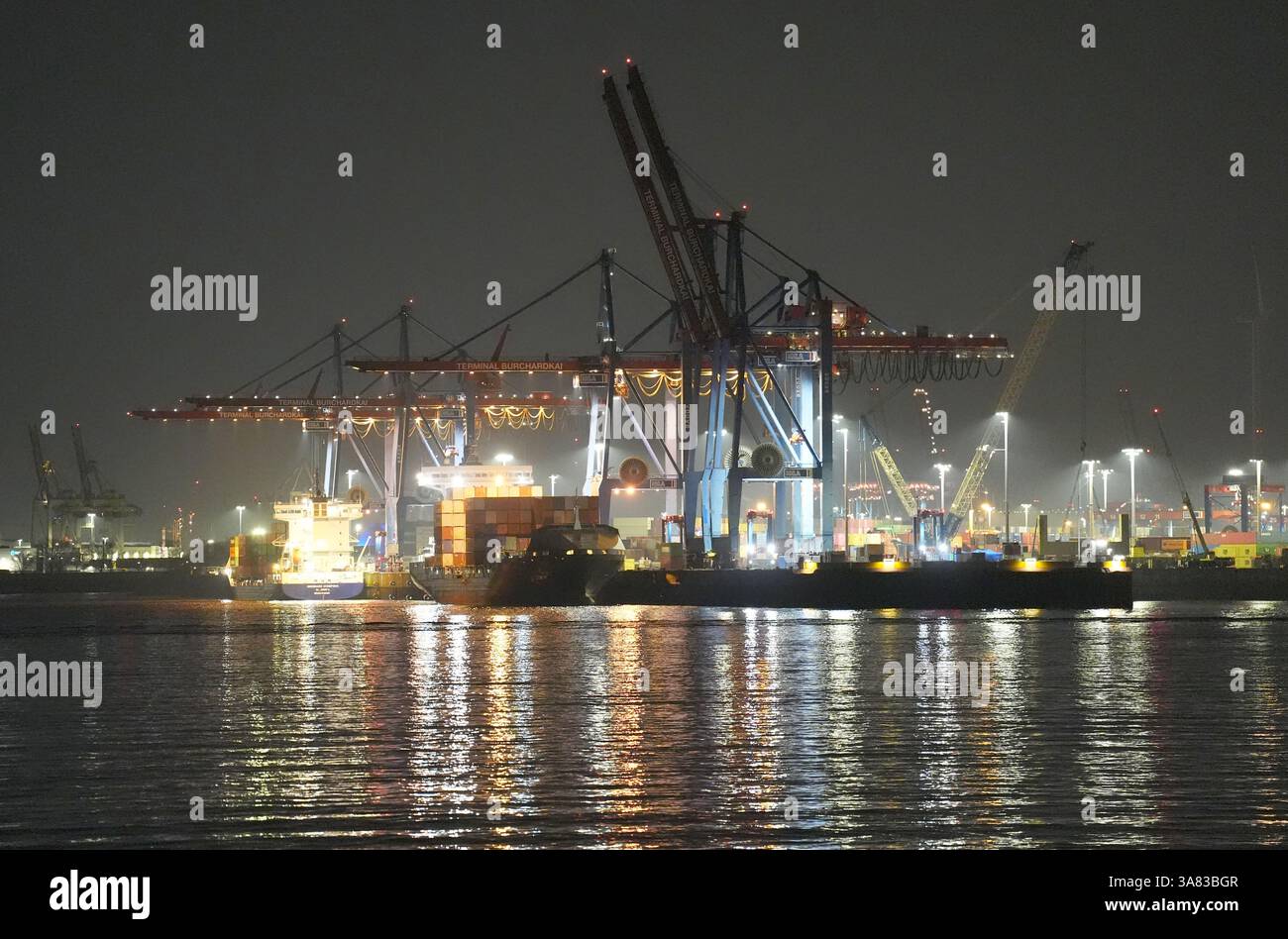 27 March 2025, Hamburg: Container ships are handled at the Container ...