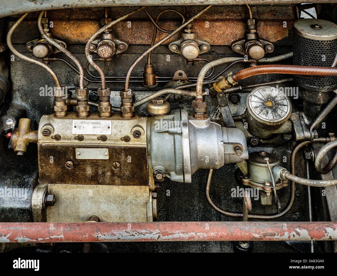 Close-up of the engine of a vintage Ferguson tractor, showing the ...