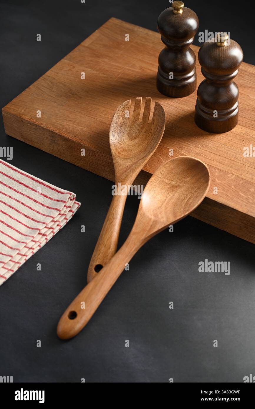 Wooden cooking accessories. Wooden salat spoons set Stock Photo - Alamy