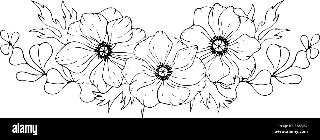 Vector black and white floral composition, bouquet of hand drawn ...