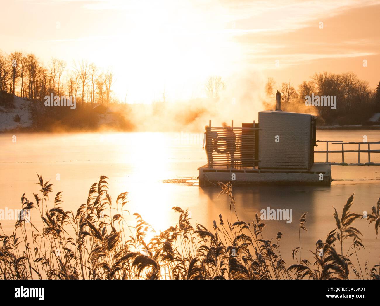 people enjoying a floating sauna at sunset in the Swedish archipelago ...