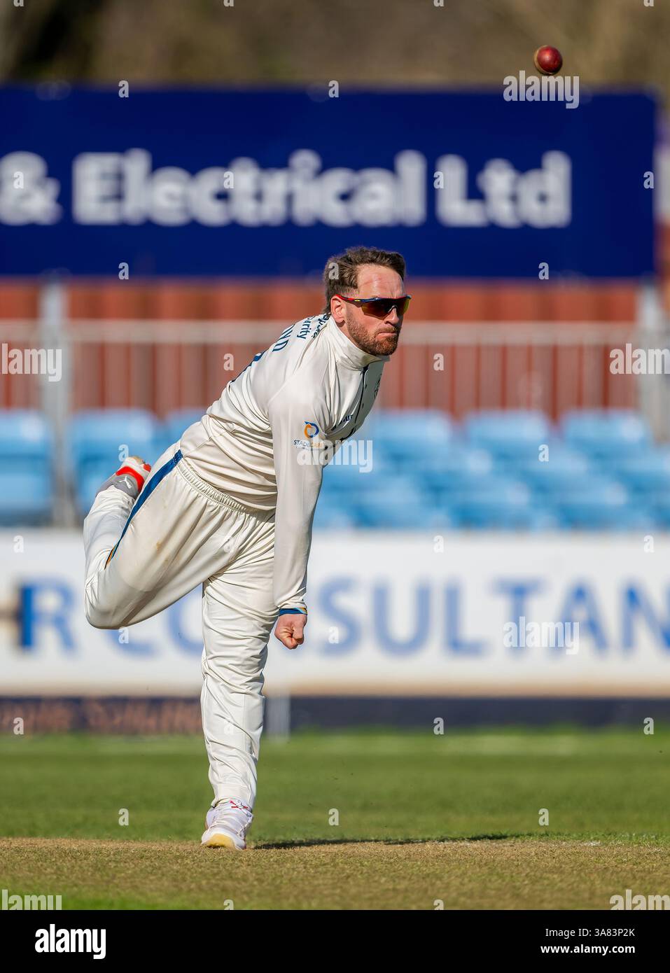 David Lloyd bowling for Derbyshire in a pre season friendly between ...
