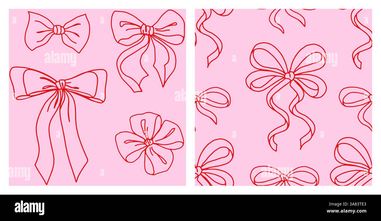 Coquette seamless pattern Red Line Ribbon Bow. Pretty Girly bows on pink background. Trendy ...