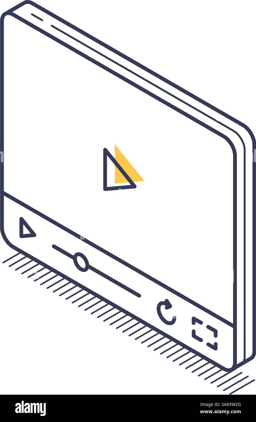 Isometric line art representation showcases a multimedia player interface featuring essential ...