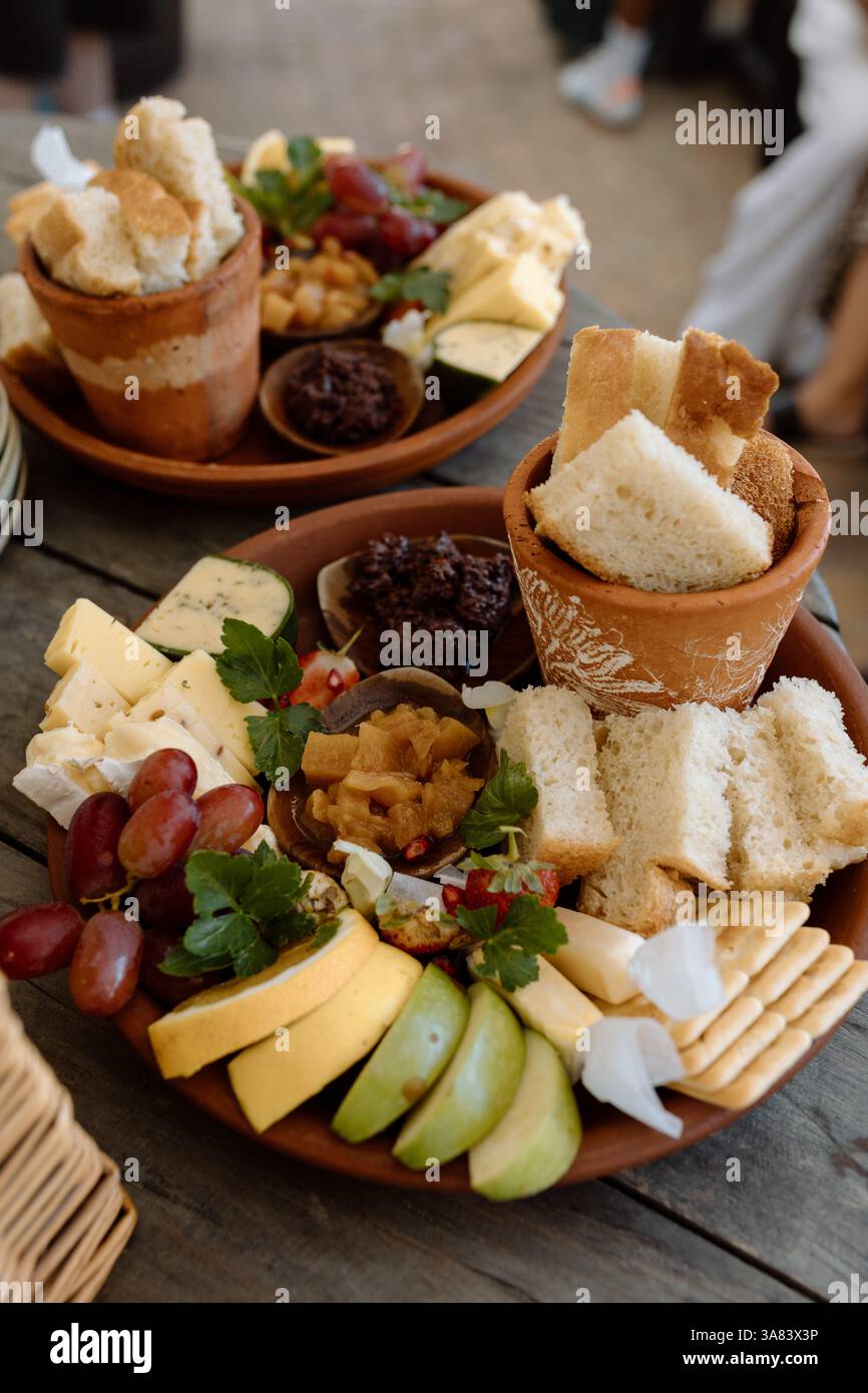 Harvest table board with variety of healthy foods Stock Photo - Alamy