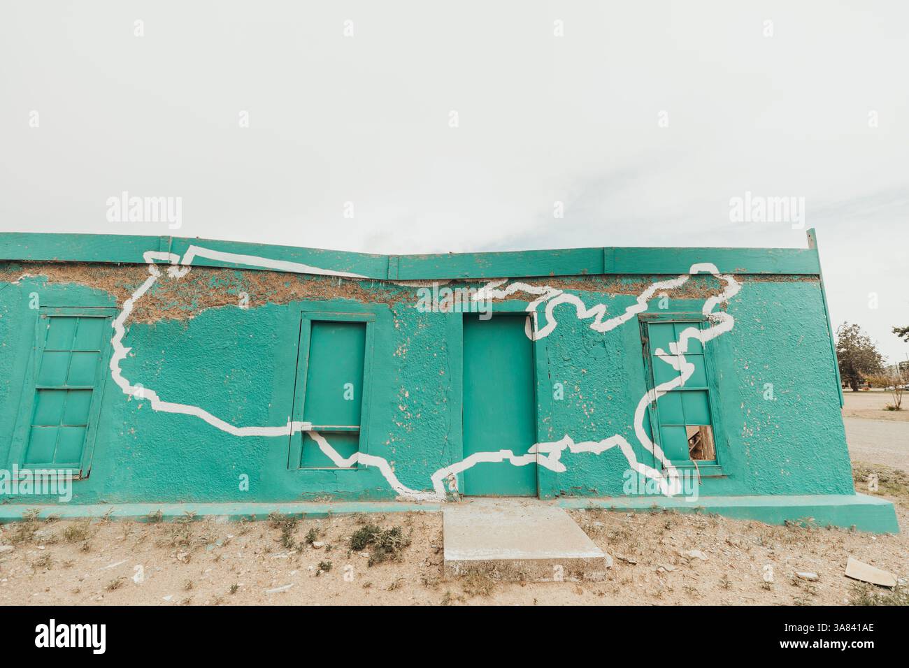 Abandoned teal building with USA map outline in Marfa, Texas Stock ...