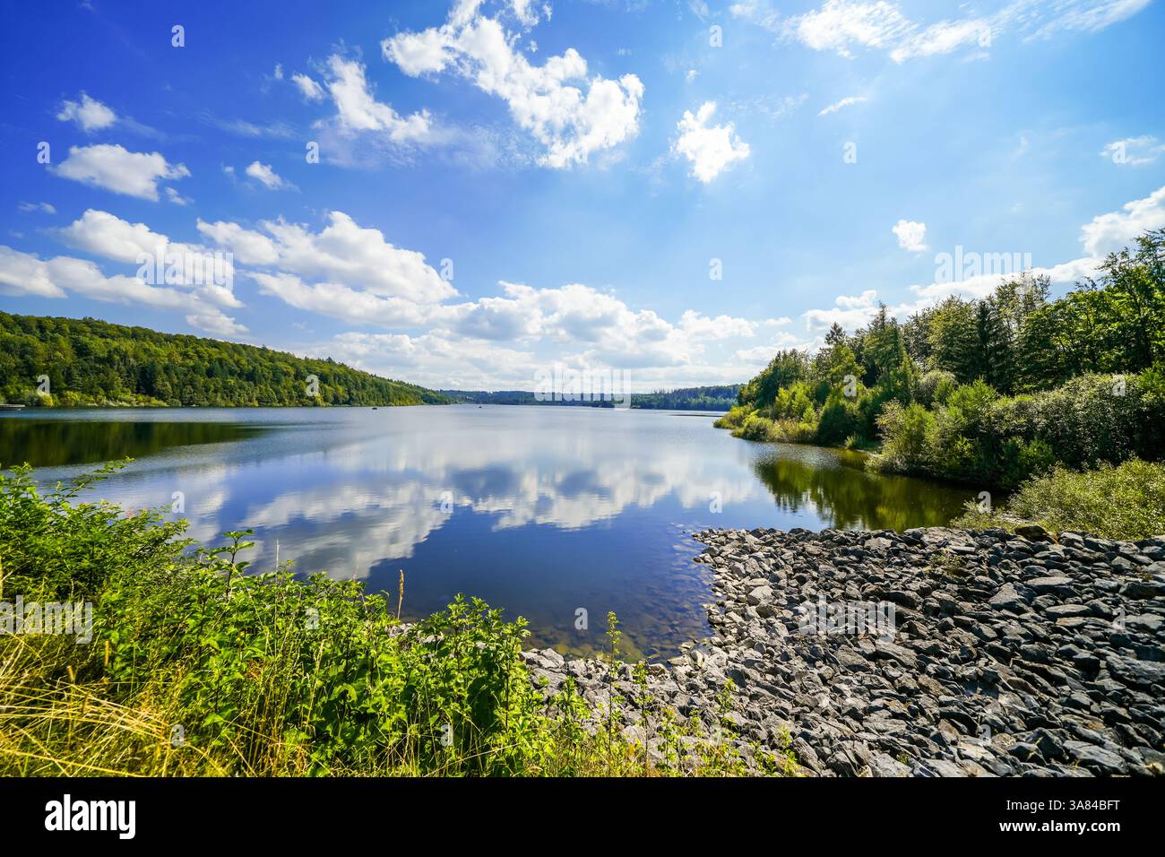 View of the Aabach dam and the surrounding landscape. Nature at the ...