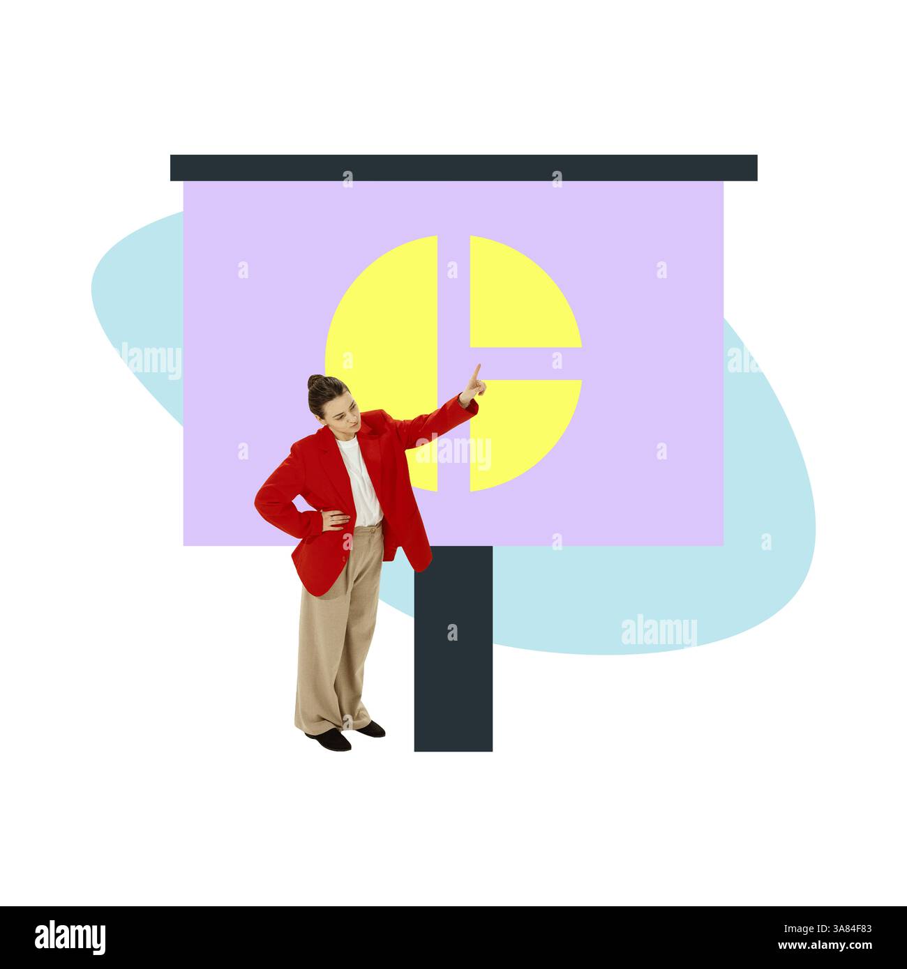 Conceptual design. Confident woman explaining pie chart on screen ...
