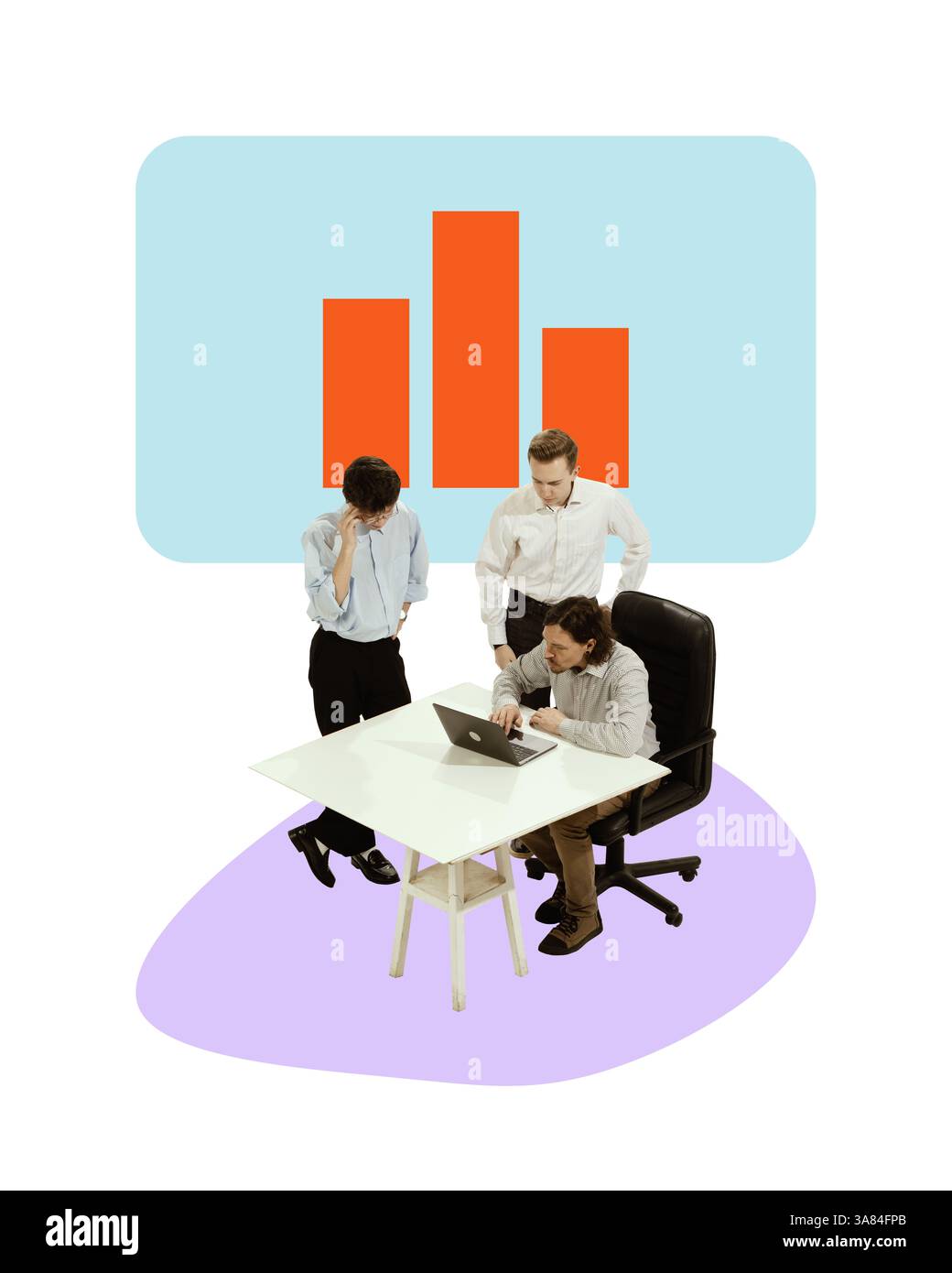 Contemporary art collage. Team looking at chart behind laptop screen ...