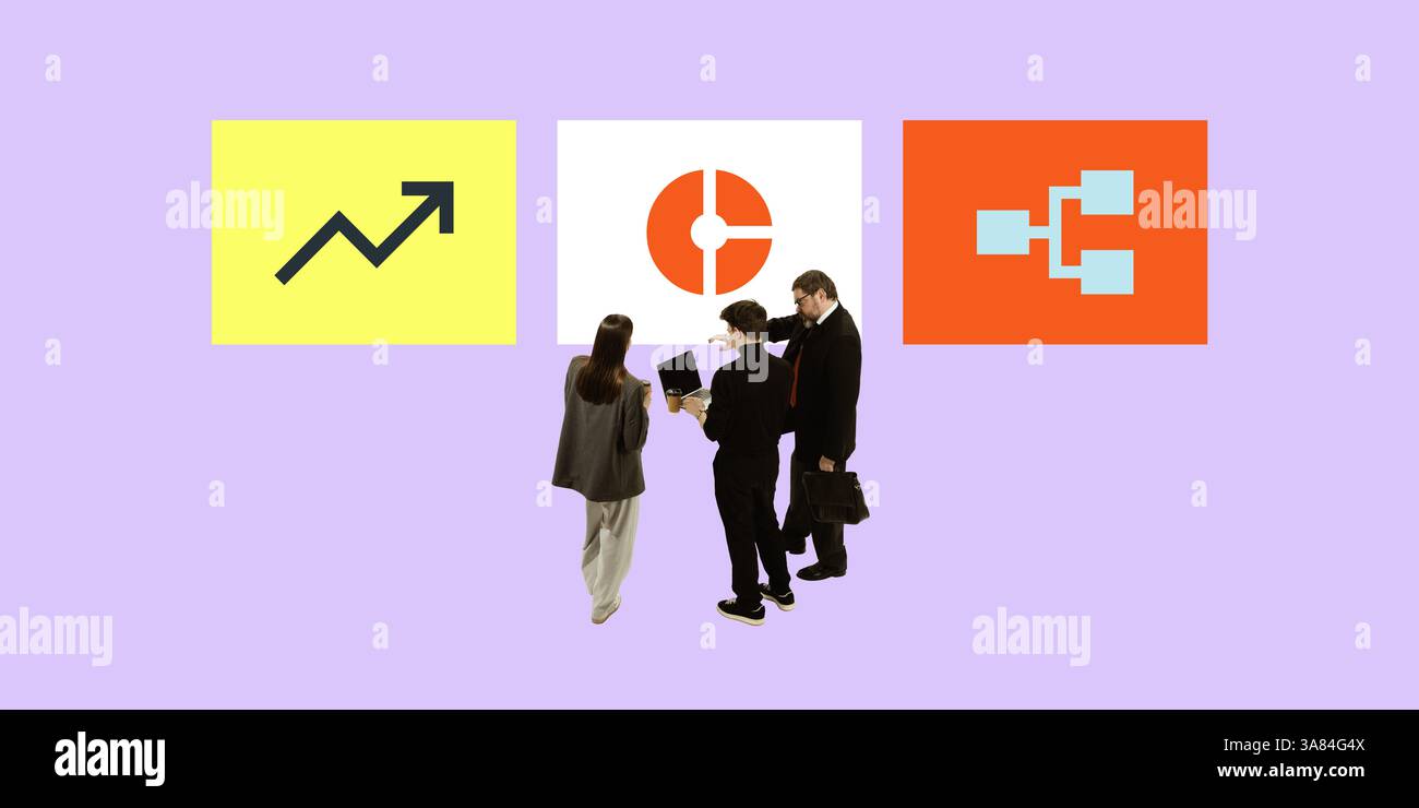 Composite image. Professionals standing in front of diagram blocks ...