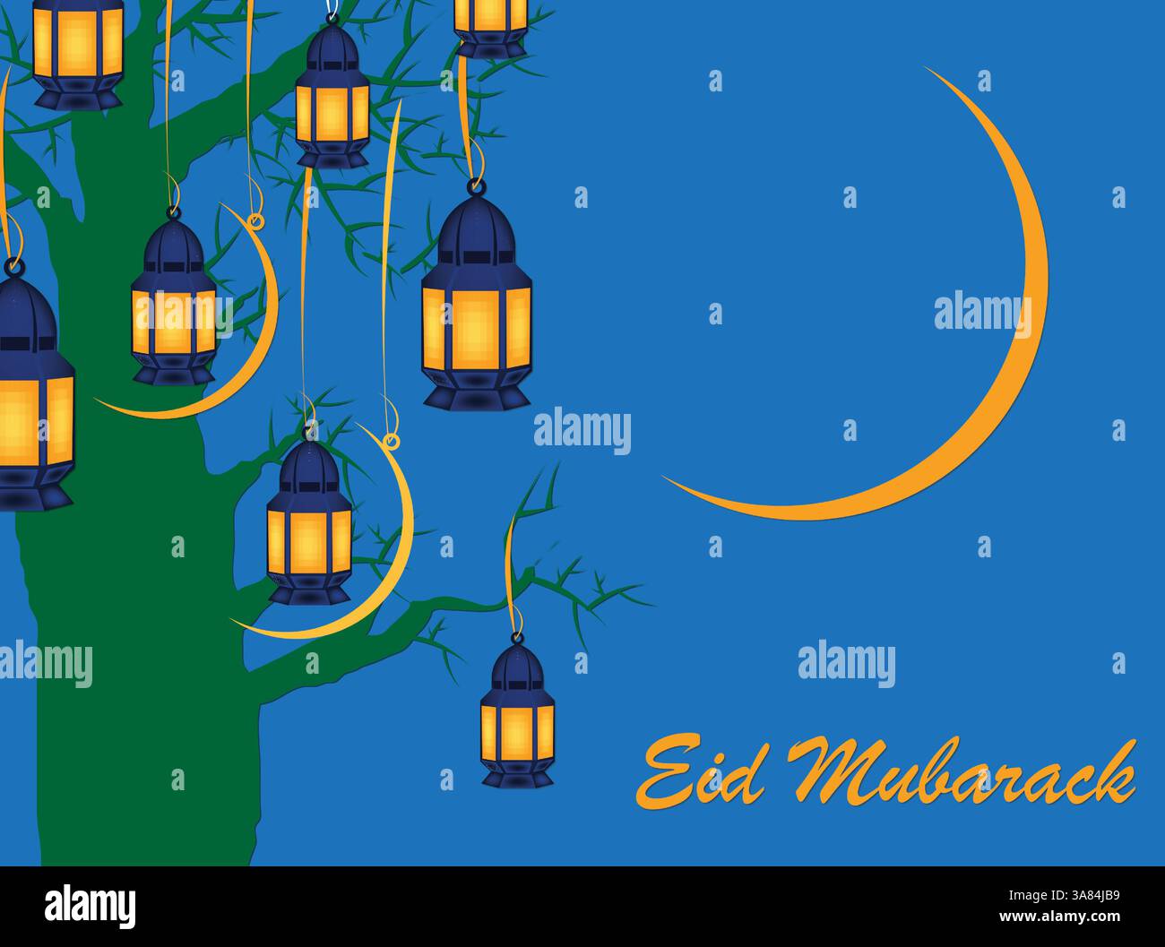 Blue background with a tree and lanterns hanging from it. The lanterns ...