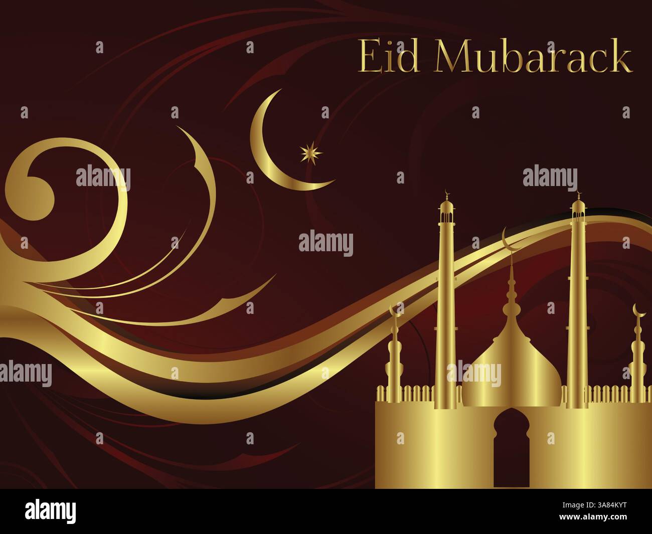 Gold and brown background with a crescent moon and stars. The word Eid ...