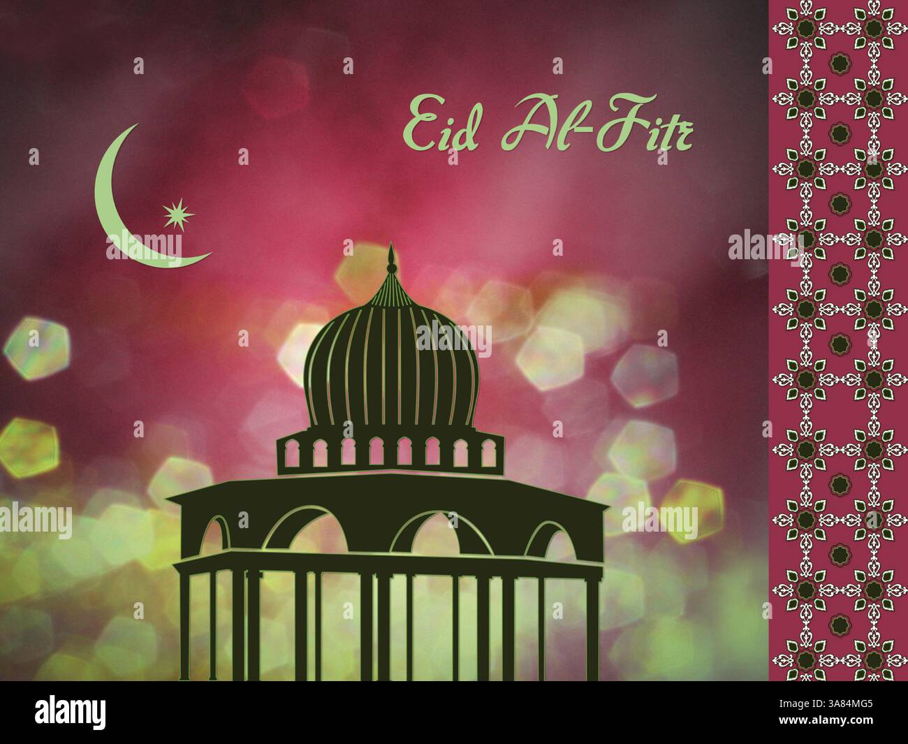 Colorful and abstract design of a mosque with a crescent moon and stars ...