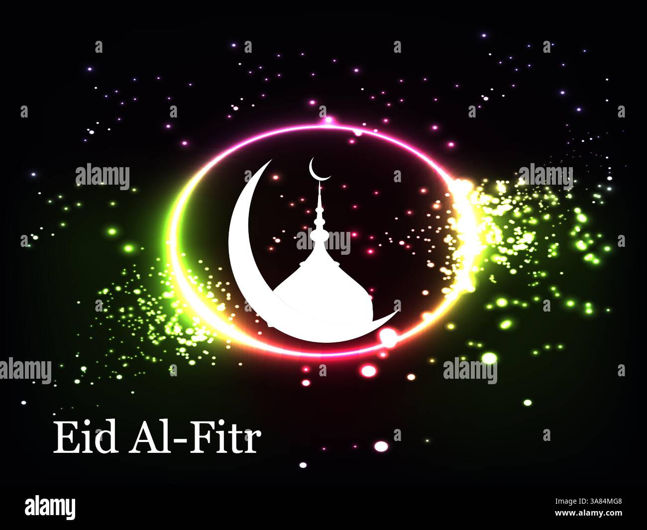 Colorful image of a crescent moon with a star on top and a building in ...