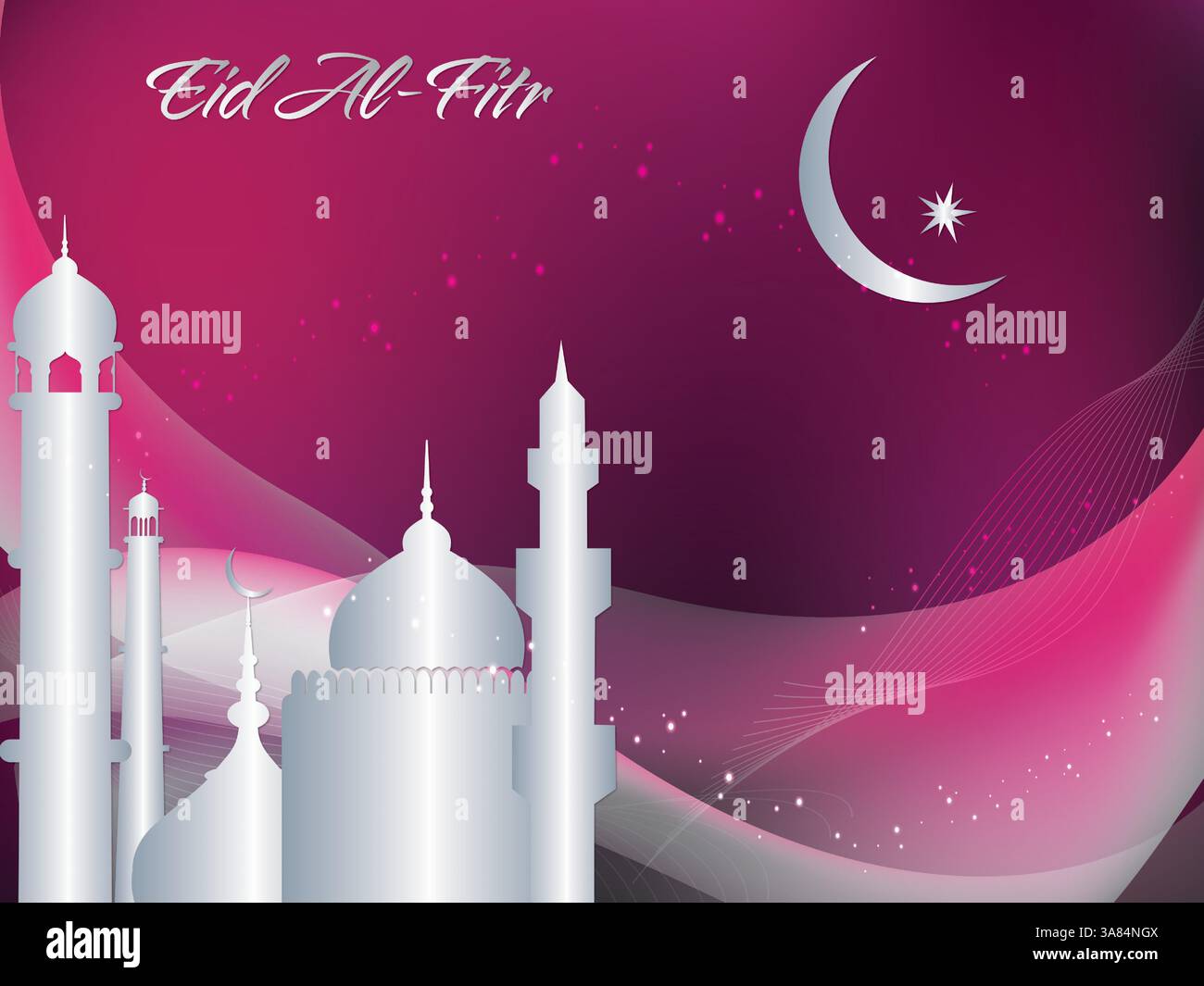 Beautiful pink background with a silver moon and a building with a star ...