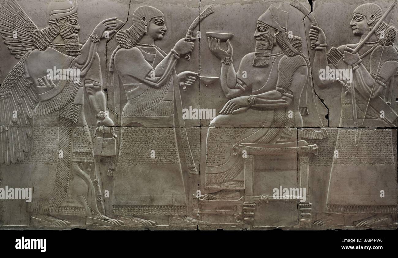 Ancient Neo Assyrian relief panel depicting Ashurnaspiral II performing ...