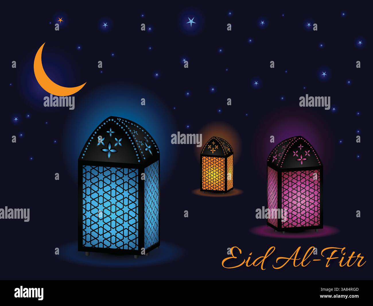 Poster of three lanterns with a moon in the background. The poster is ...