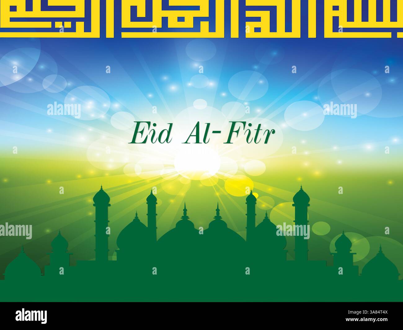 Poster of a green background with a sun and a building with the words ...