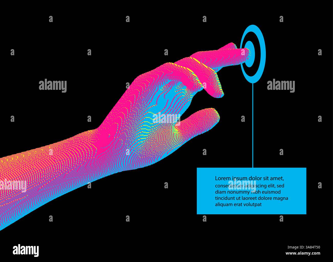 The hand presses the index finger on the button a virtual interface. Technologies of the future ...
