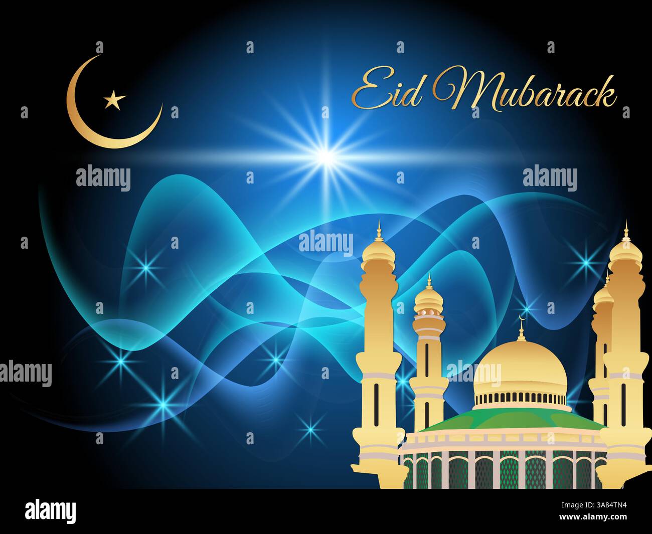 Blue and gold background with a star and a crescent moon. A large ...