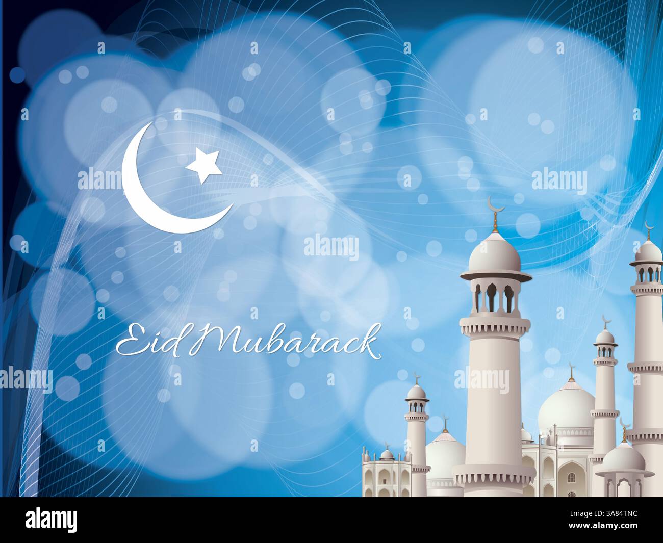 Blue and white background with a star and a crescent moon. The word Eid ...