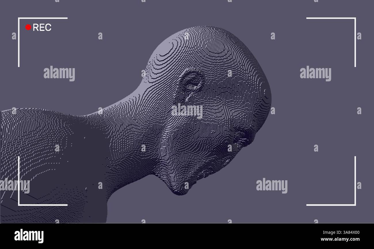 Face of alien or zombie. Abstract digital head constructing from cubes ...