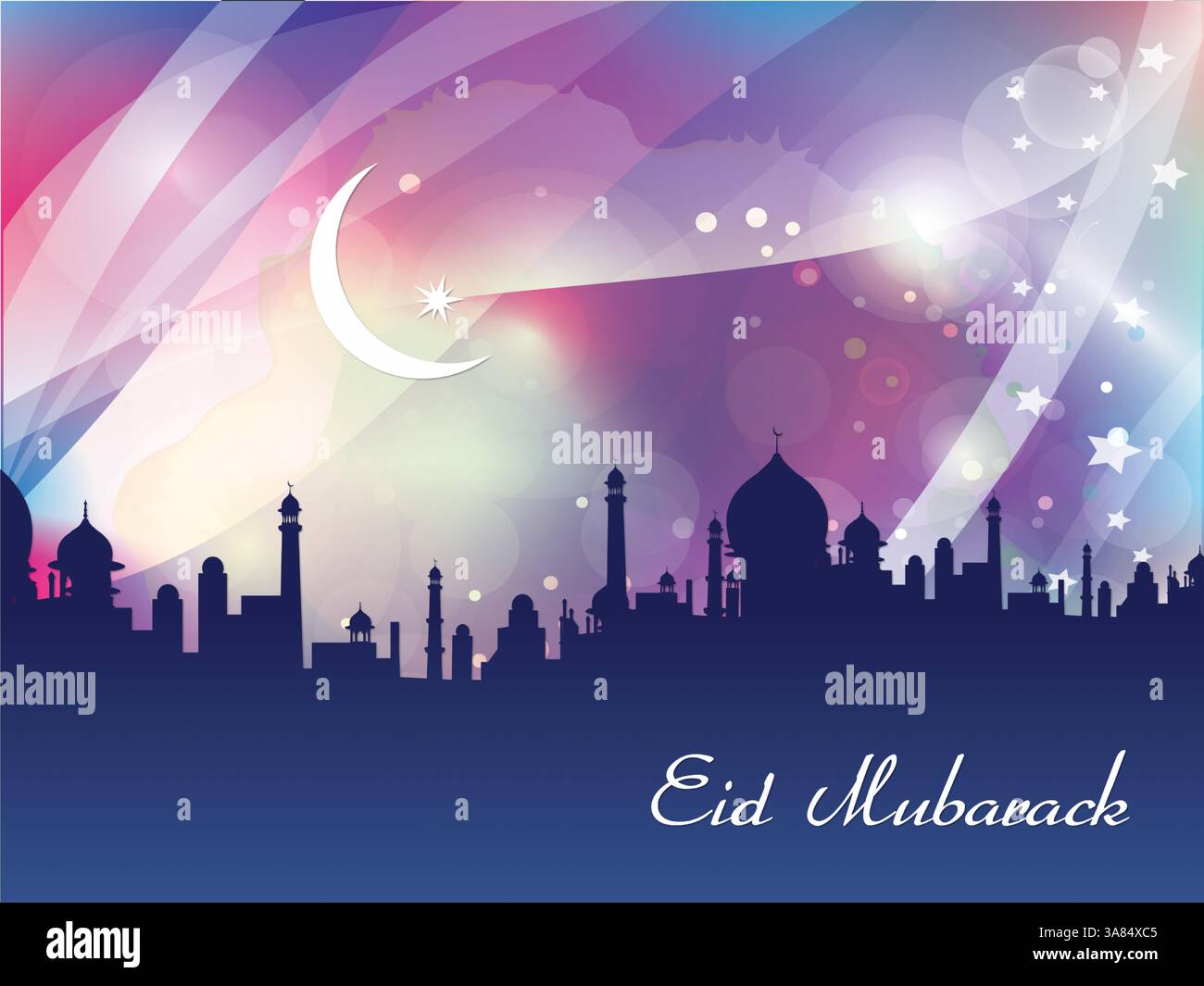 Colorful background with a crescent moon and stars. The background is a ...