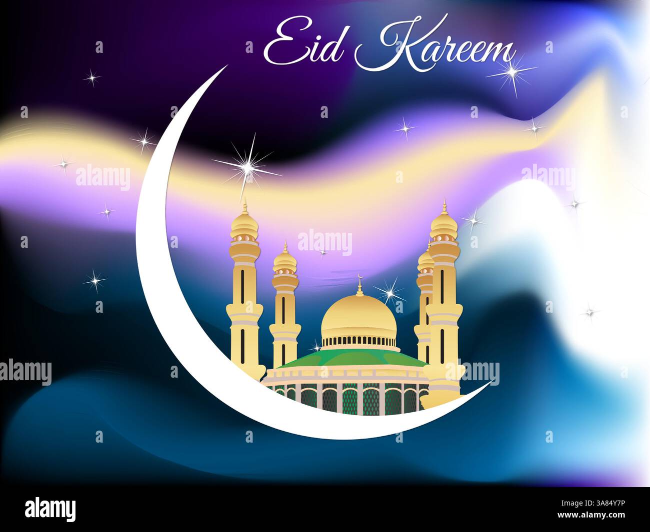 Colorful poster of a mosque and a crescent moon with the words Eid ...