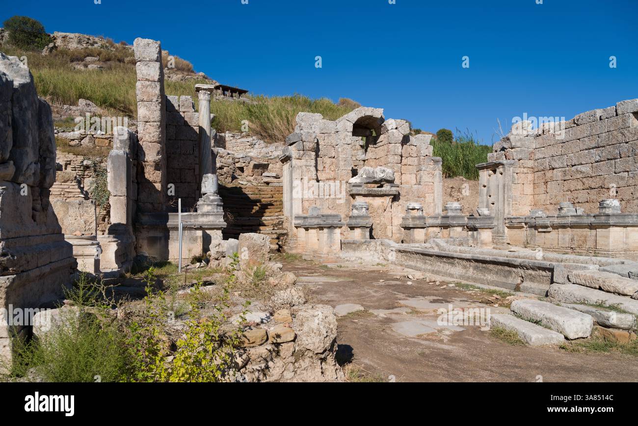 Ruins of the ancient city of Perge in Antalya. Nymphaeum monumental ...