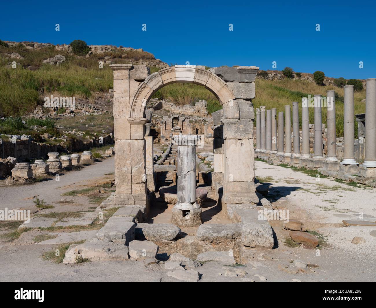 Ruins of the ancient city of Perge in Antalya. Nymphaeum monumental ...