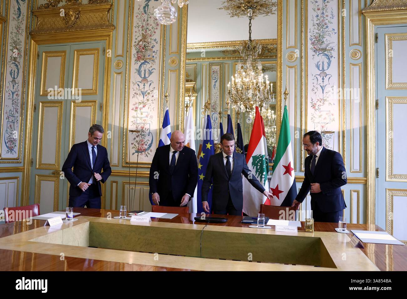 French President Emmanuel Macron, second right, Lebanese President ...