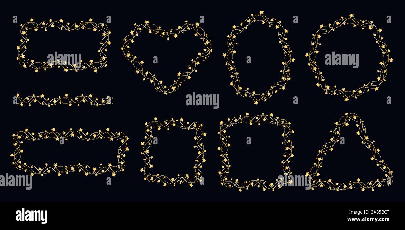 Golden star border and frames set. Round, square, oval, heart shapes ...