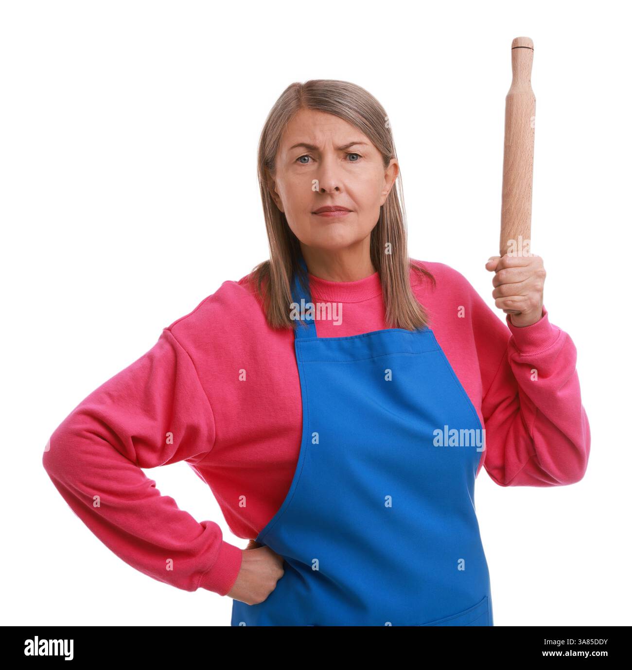 Angry woman with rolling pin on white background Stock Photo - Alamy
