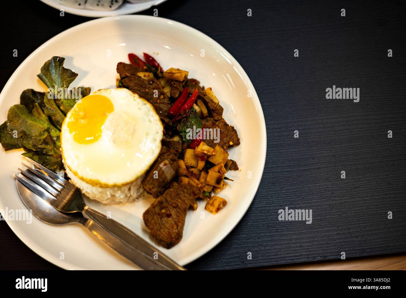 Stir Fried Beef With Chili Paste With Rice And Fried Egg, Background ...