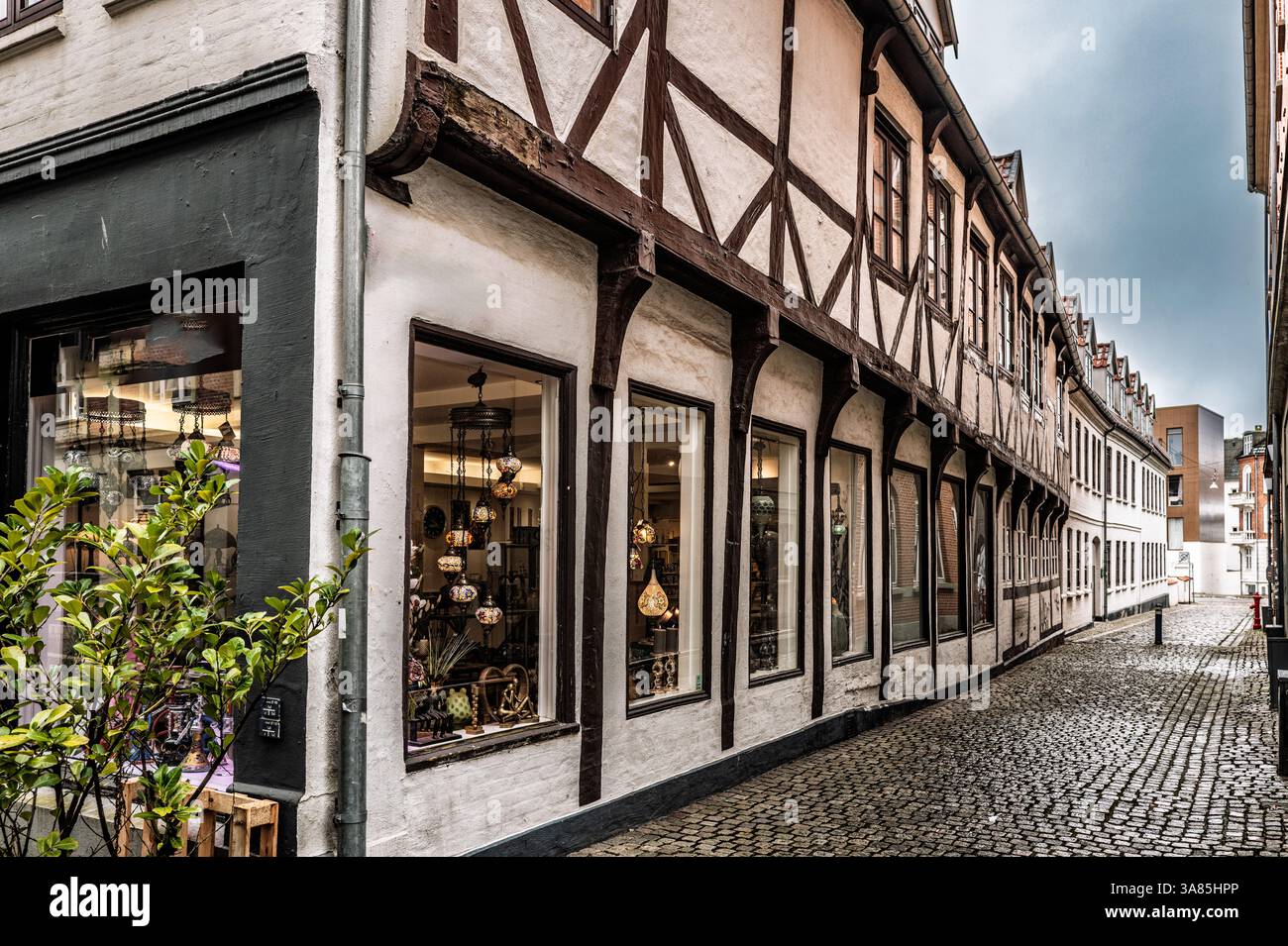 Historic half-timbered architecture in a serene European city street ...