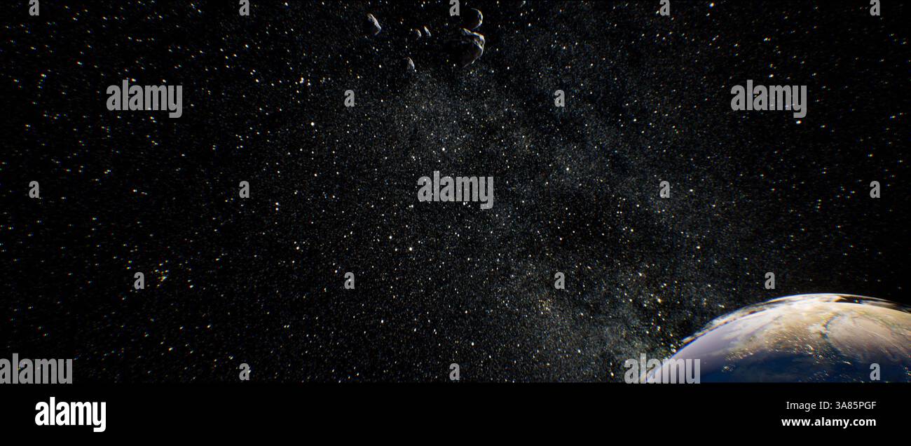 Apocalypse, space disaster, asteroid flying towards Earth, 3d ...