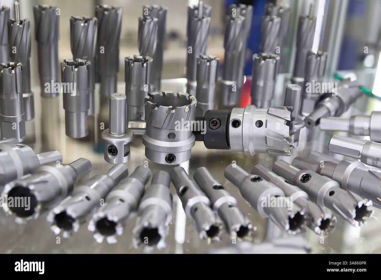 Industrial drilling milling metal cutting tool in showcase. Drills with ...