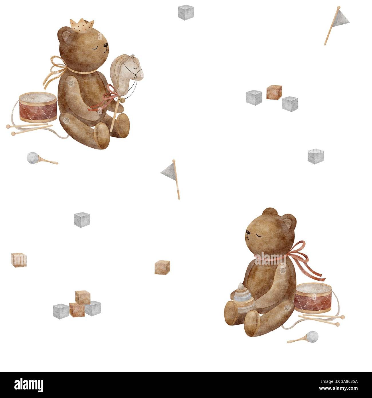 Watercolor pattern princess teddy bear in a crown holds a horse on a ...