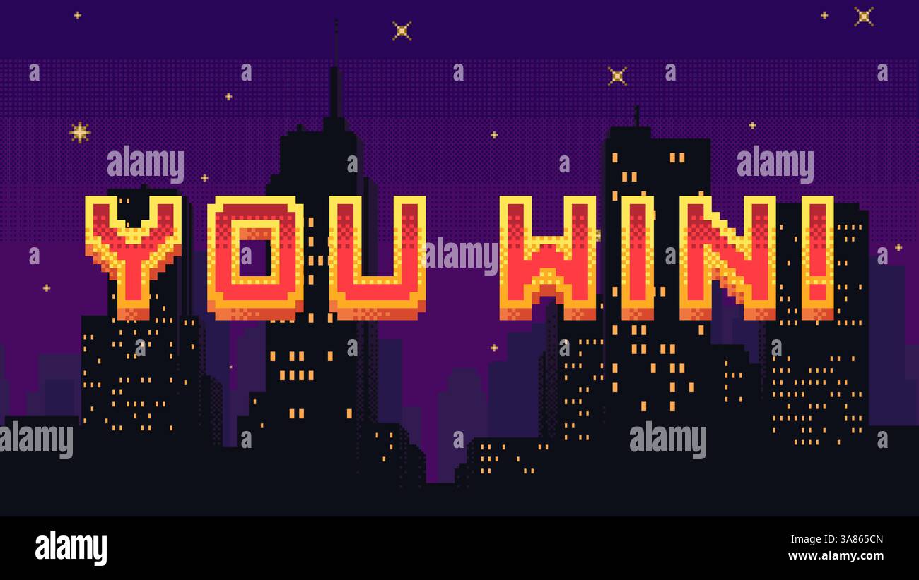 You Win screen - pixel art with night city landscape background. Night ...