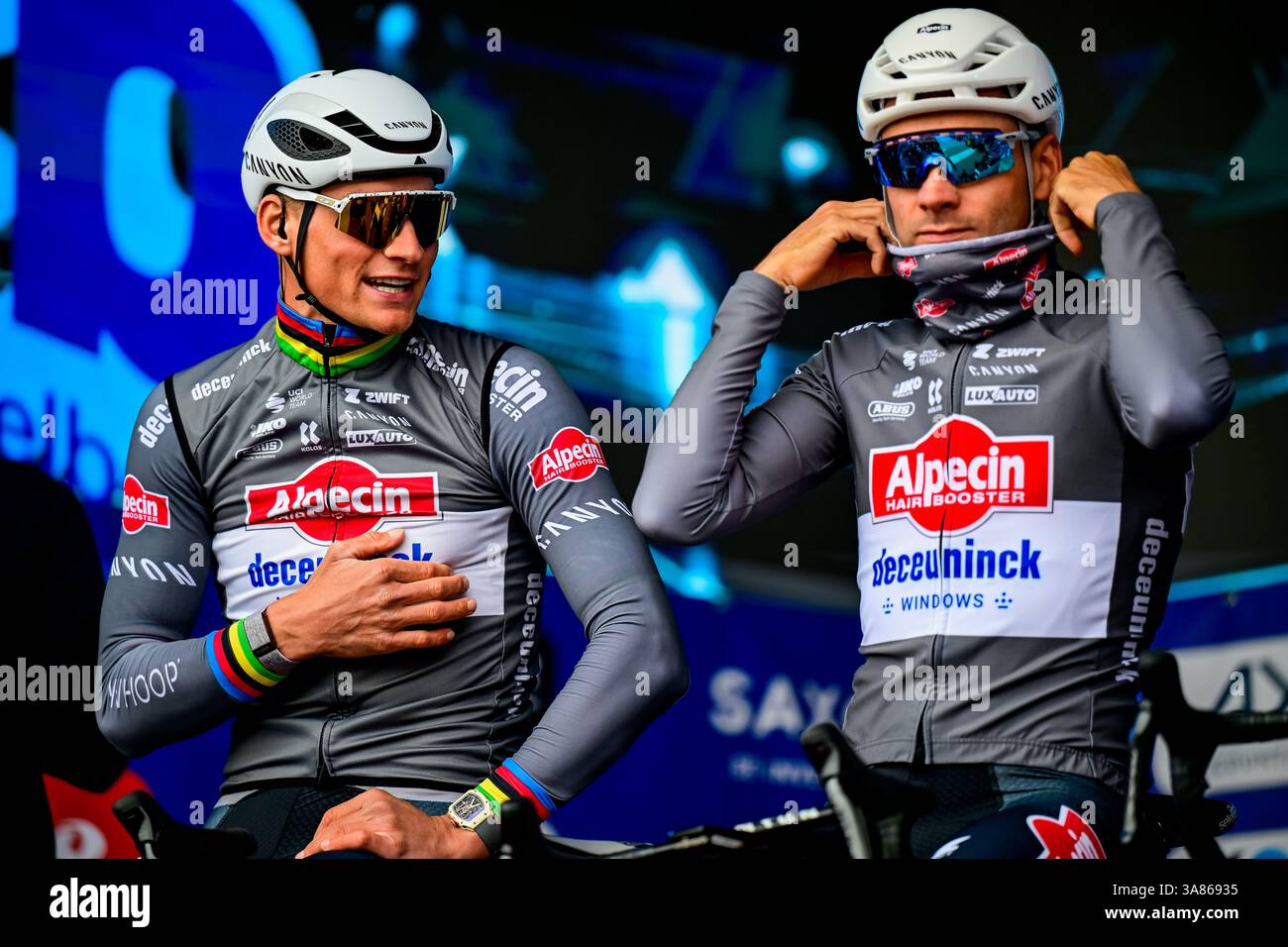 Dutch Mathieu van der Poel of Alpecin-Deceuninck and Belgian Gianni ...