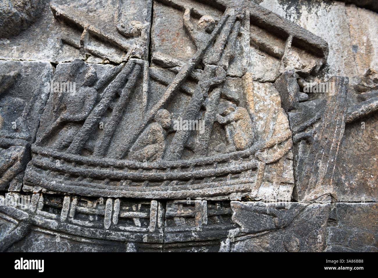 Bas-relief of a ship on Borobudur Temple, Java, Indonesia Stock Photo ...