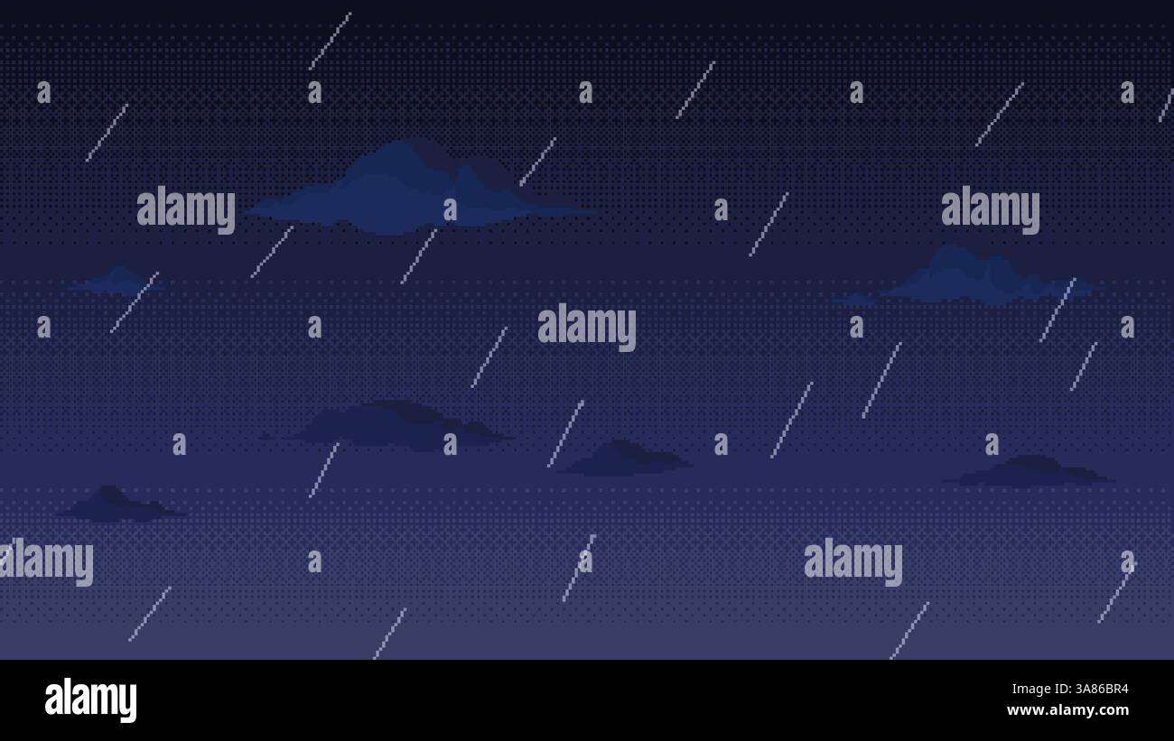 Pixel art rainy sky, night dark blue background with rain drops and ...
