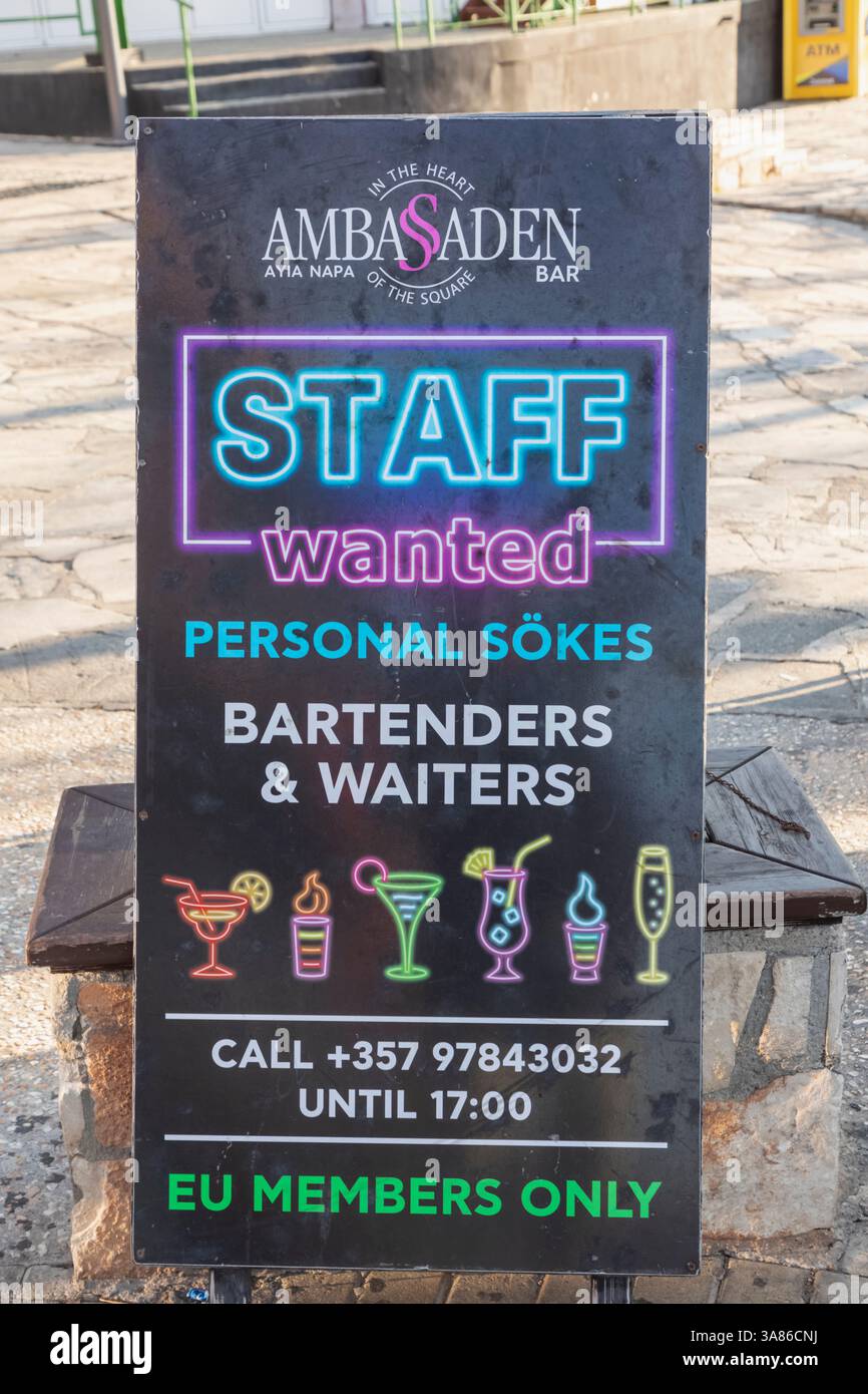Cyprus, Ayia Napa, Bar and Pub Staff Wanted Sign Stock Photo - Alamy