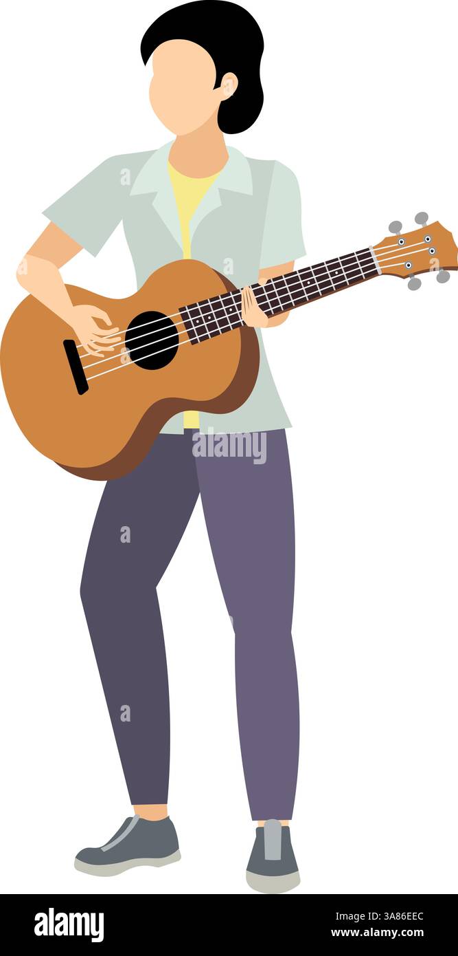 Vector people. Playing acoustic guitar. A female guitarist stands and ...